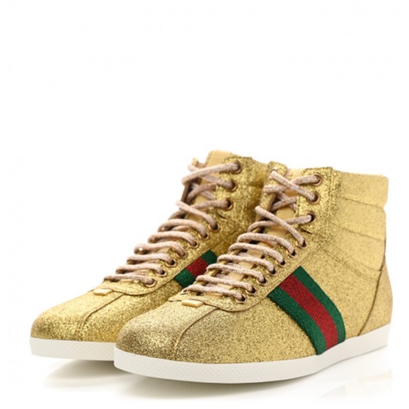 Gucci | Shoes | 195 Gucci Gold Glitter Hi Top Sneakers Green Red White ...